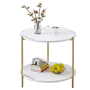 IOTXY Home Round Coffee Table - 23.6" Small 2-Tier End Table with Open Storage Shelf, White Wooden Table Top Gold Metal Frame Side Table
