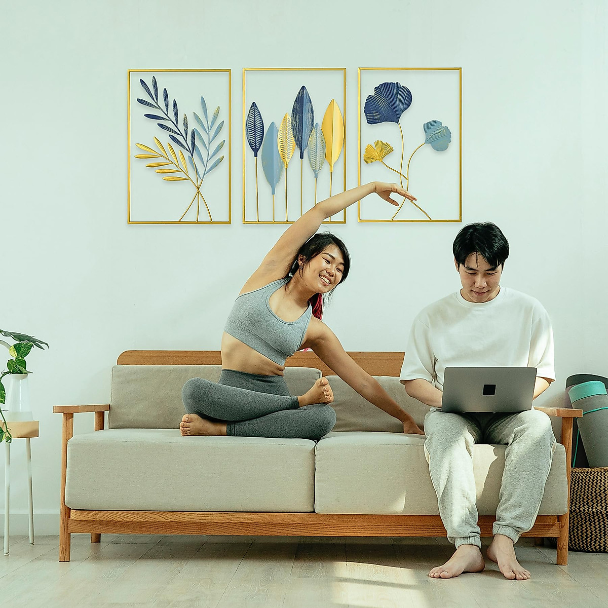 FUNTEREST Gold Leaf Wall Decor Modern Wall Art Home Decor, Set of 3 Metal Wall Hanging Decoration for Living Room Office Bedroom Hotel