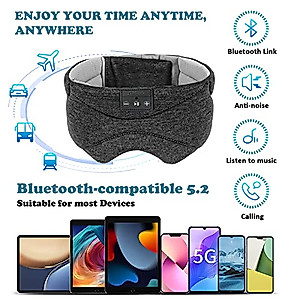 Sleep Mask with Bluetooth Headphones 24 White Noise, Ultra-Thin Speaker Cold Pack Blackout Bluetooth Eye Mask Sleep Headphones for Side Sleepers, Airplane, Travel, Cool Gadgets for Women Man (Black)