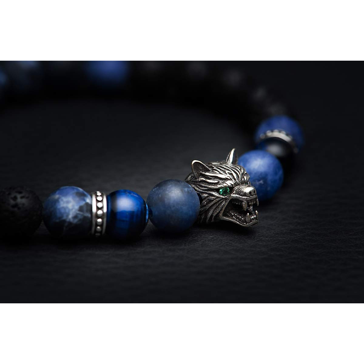 Karseer Viking Wolf Spirit Bracelet with Blue Sodalite and Black Lava Rock Beads, Natural Stone Chakra Jewelry for Emotional Support and Essential Oil Diffusion, Unisex Gift