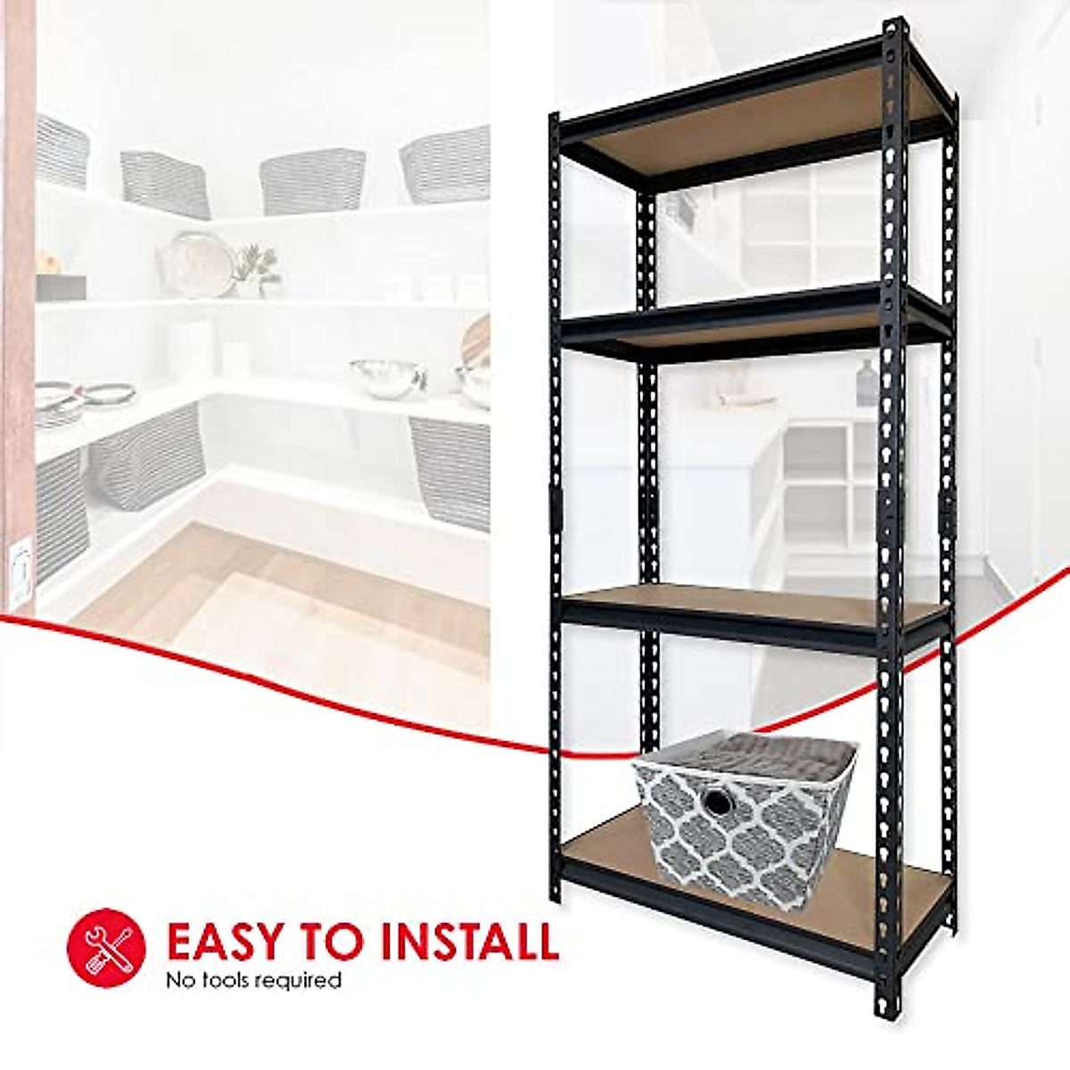 Home Basics Quick Assembly 4 Tier Heavy Duty Shelf, Black | Solid Construction | MDF Shelves | Made from High Strength Powder Coated Steel | Great for a Garage or Basement | Home or Office (25"x 59")