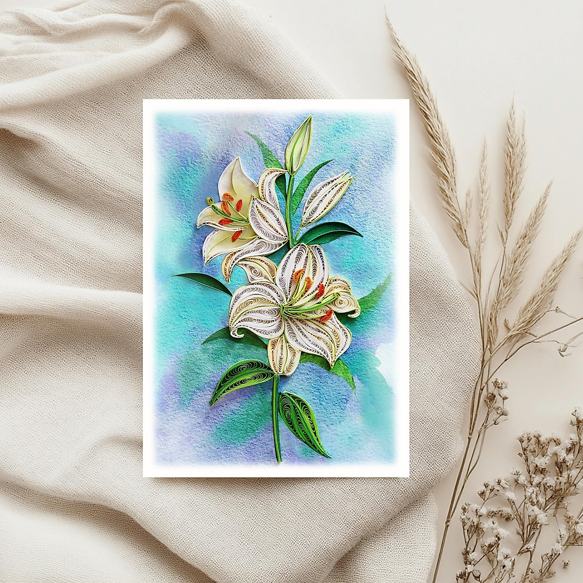 QUILLCRAFT White Lily Sympathy Card, Condolences Greeting Card for Loss of Mother, Father, Him Her Pet, Thinking Of You Card, Quilling Quilled Card with Envelope for Grief and Loss (White Lily)