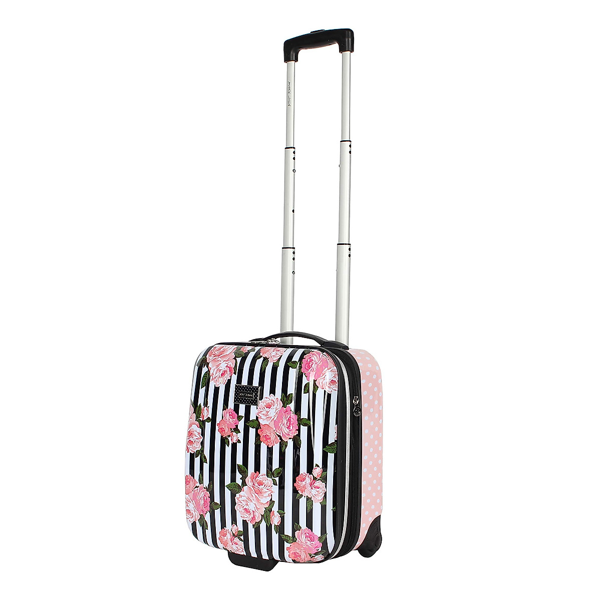 Betsey Johnson Designer Underseat Luggage Collection - 15 Inch Hardside Carry On Suitcase for Women- Lightweight Under Seat Bag with 2-Rolling Wheels (Stripe Roses)