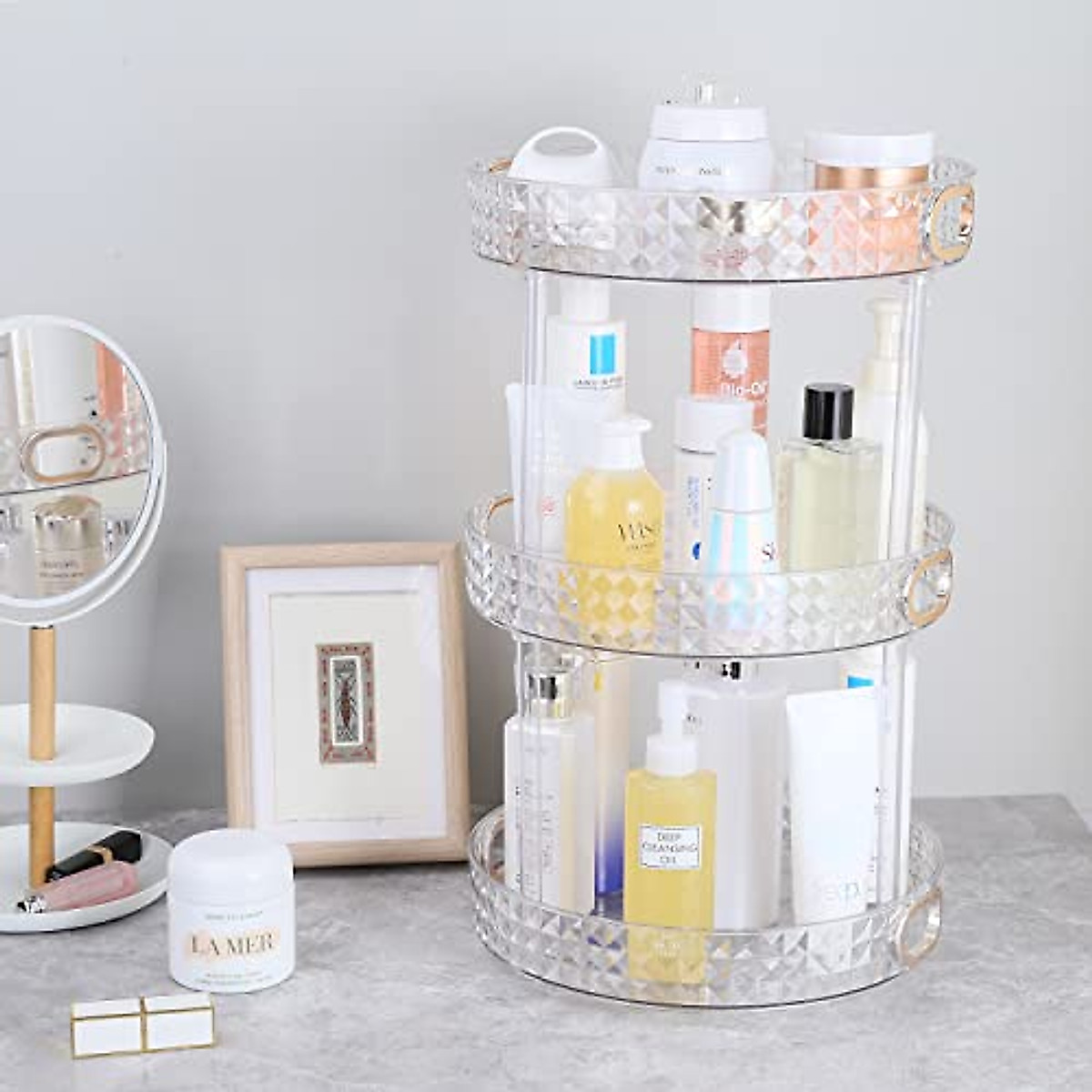 ROWNYEON Rotating Makeup Organizer 3 Tier Makeup Carousel with Handle, Bathroom Organizer Diamond Texture Perfume Organizer Spinning Cosmetics Organizer for Vanity, Pantry, Countertops, Kitchen