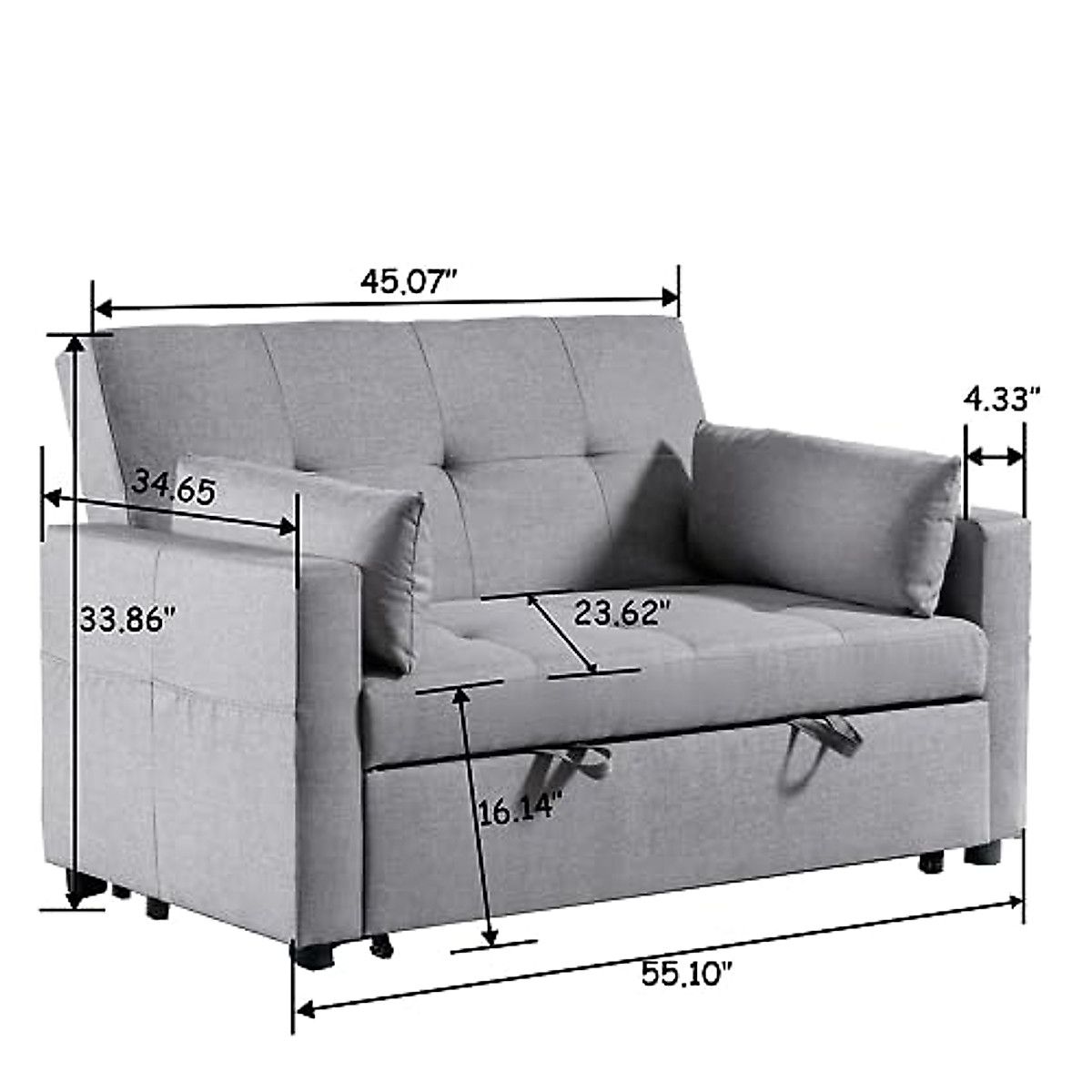 Haplized Loveseat Sleeper Sofa Bed, Light Grey Linen Fabric Convertible Sleeper Sofa with Pull-Out Couch Bed & Adjustable Cushions Backrest, Reclining Loveseat with Side Pocket for Living Room