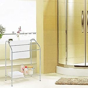 MyGift Silver Chrome Metal Freestanding Towel Rack for Bathroom Laundry Room Spa with 3 Tiered Bars and Storage Shelf, Clothes and Towel Drying Rack Stand