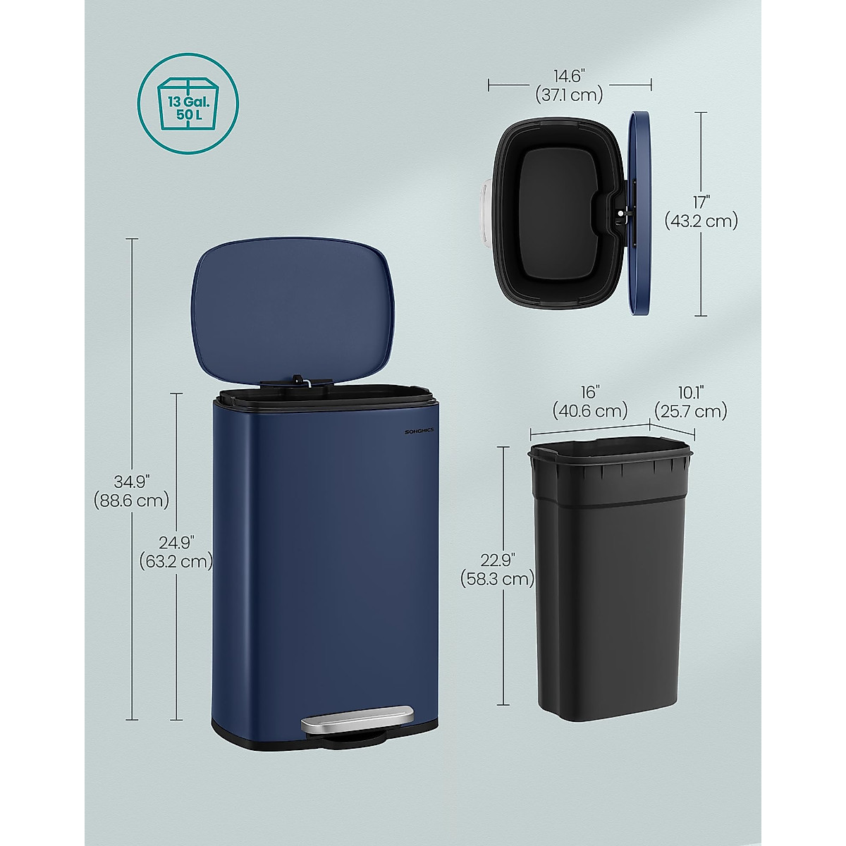 SONGMICS 13 Gallon (50 L) Trash Can, Stainless Steel Kitchen Garbage Can, Recycling or Waste Bin, Soft Close, Step-On Pedal, Removable Inner Bucket, Midnight Blue ULTB050L01