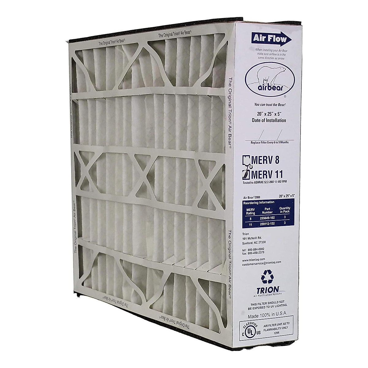 Trion 3 Pack Pleated Air Filter, Air Bear MERV 11 for HVAC/Furnace, 20x25x5 in.