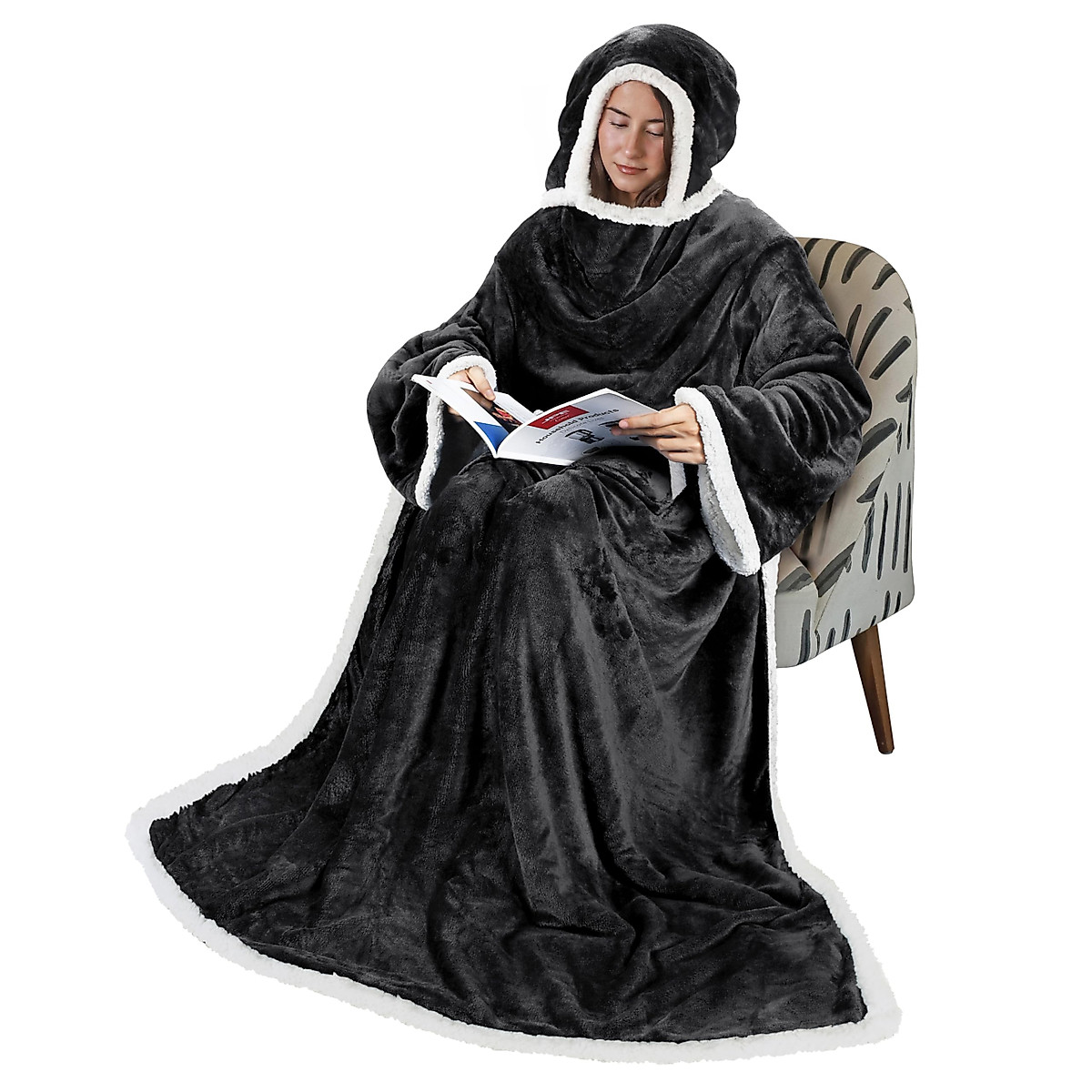 Tirrinia Sherpa Hood Wearable Blanket for Adult Women and Men, Super Soft Comfy Warm Plush Throw with Sleeves TV Blanket Wrap Robe Hoodie Cover for Sofa, Couch 72" x 55" Black