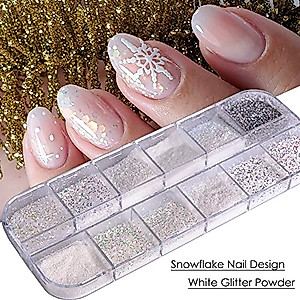White Sugar Nail Glitter Powder for Christmas Snowflake Nails Design, Sandy Pigment Shiny 3D Candy Nail Art Sequins Winter Manicure Decorations Accessories.