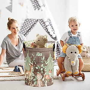 zaaprintblanket Laundry Basket Customized Name Organizer Storage Round Baskets Foldable Laundry Hamper with Handle for Nursery Bedroom Decor (Woodland Tree Animals)