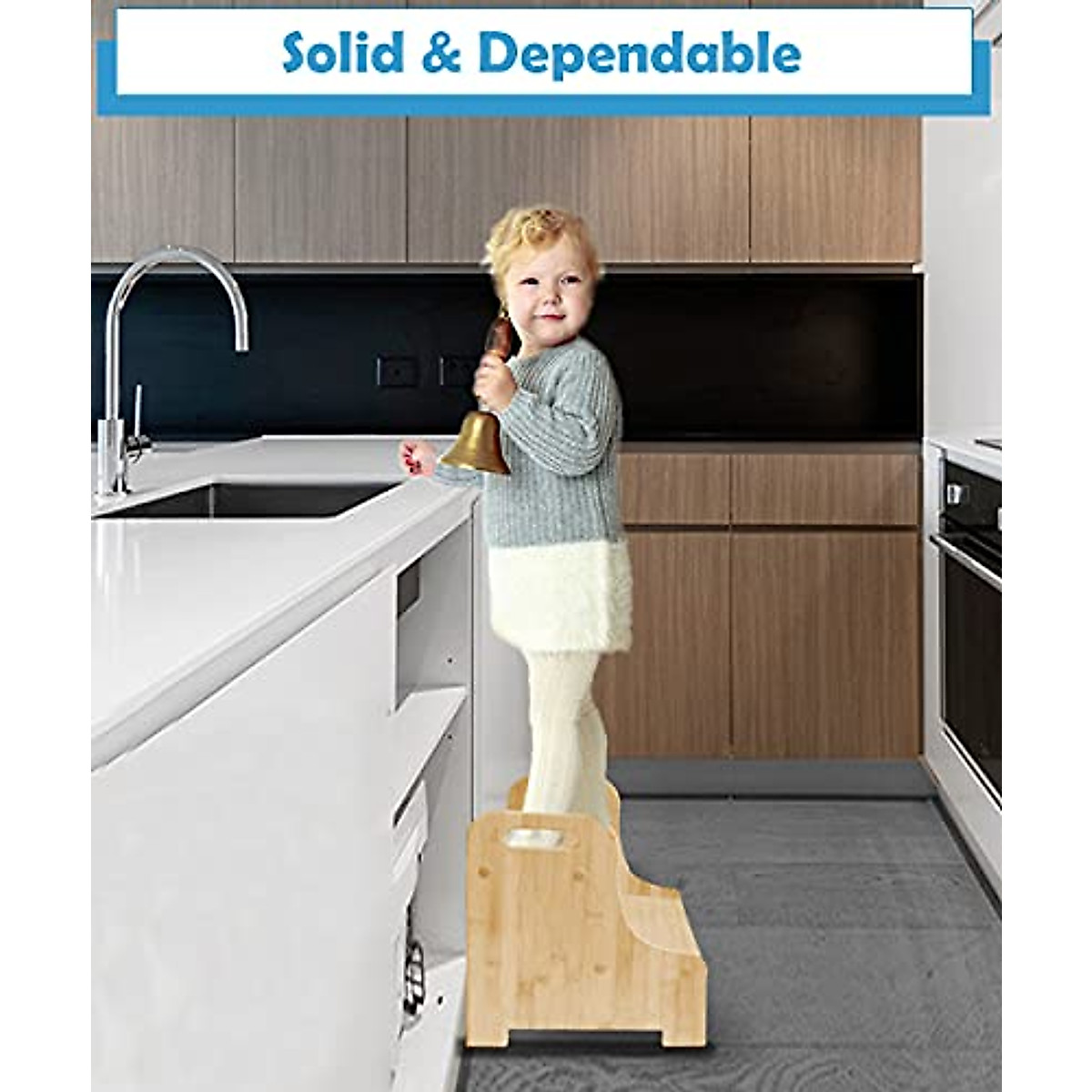 Garbuildman 2 Step Stool for Kids, Bamboo Toddler Stepping Stool with Handles for Children, Detachable Small Bathroom Toilet Potty Training & Kitchen Kid’s Learning Step Stool