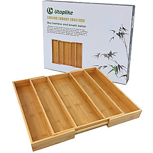 Utoplike 4 pcs Bamboo Kitchen Drawer Dividers and Bamboo Expandable Kitchen Drawer Organizer, Adjustable Utensil Holder Set