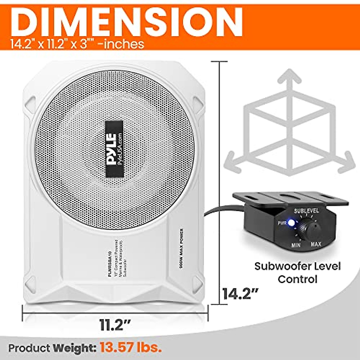PyleUsa 10-Inch Low-Profile Amplified Subwoofer System - 900 Watt Compact Enclosed Active Marine Underseat Car Subwoofer with Built in Amp, Powered Car Subwoofer w/Low & High Level Inputs - PLMRSBA10