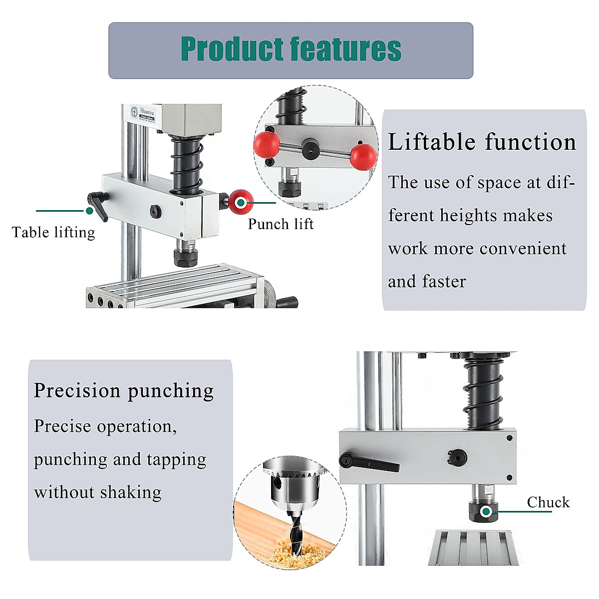 Huanyu Mini Drill Press Electric Benchtop Drilling Machine Drilling Tapping Slot Milling 3 in 1 Micro Drilling Tool 1.2” Drill Depth with Drill Chuck Compound Drilling Slide Table for Wood Aluminum