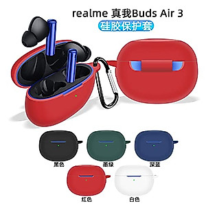 2 Pack DAYJOY Soft Silicone Protective Case Cover Compatible with Realme Buds Air 3 Earbuds, Protective Skin Sleeve with Key Chain (Black+Blue)