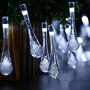 iShabao Solar String Lights, 50 LED Advanced Water Drop Solar Fairy String Lights Outdoor Waterproof, 8 Modes Solar Lights for Patio, Lawn, Home, Garden, Wedding, Party Decorations (White)