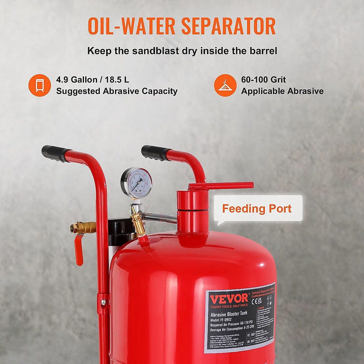 VEVOR Sand Blaster, 10 Gallon Pot Sandblaster, 60-110 PSI Pressure Sand Blasting Kit with 4 Ceramic Nozzles & 8ft Hose, Ideal for Paint, Stain, Rust Removal