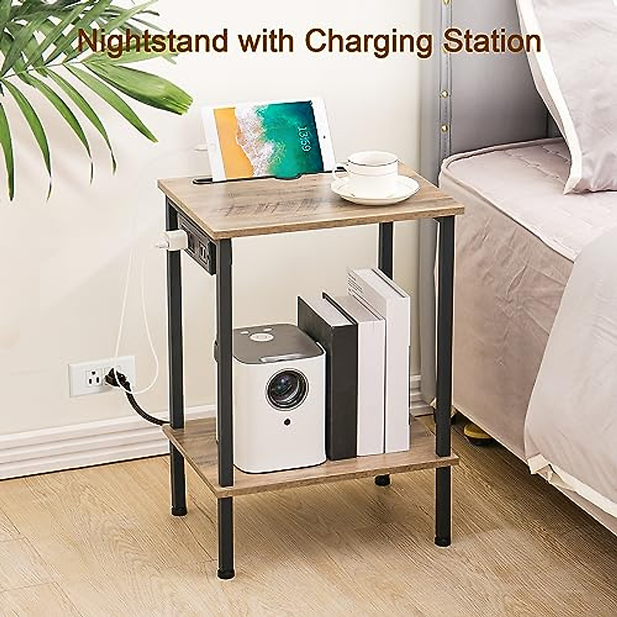 AMHANCIBLE Small Nightstand Set of 2, Side Tables with Charging Station, Night Stand with USB Ports and Outlets, End Tables for Small Space, 2-Tier Storage Shelf, Metal Frame HET032GY