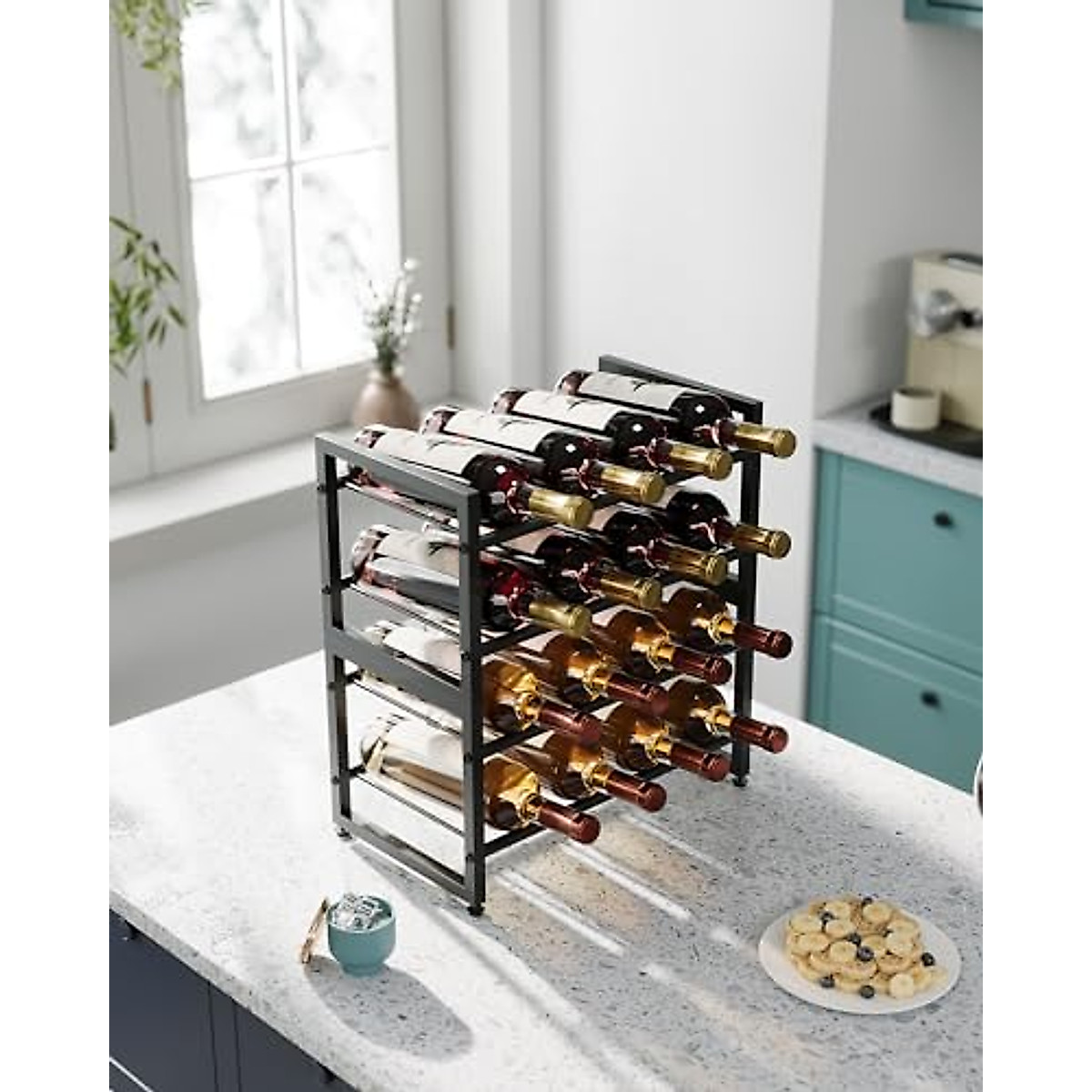 OROPY Wine Rack Countertop, 16 Bottle Wine Racks for Wine Bottles Storage Display, 4 Tier Metal Wine Holder Free Standing Floor Black