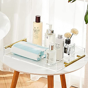 MUKEEN Clear Acrylic Serving Tray with Metal Handles -Spill Proof- Decorative Countertop Organizer for Ottoman Coffee Table Nightstand, sidetable, Breakfast, Tea, Food, Butler (11x14 Inch, Clear)