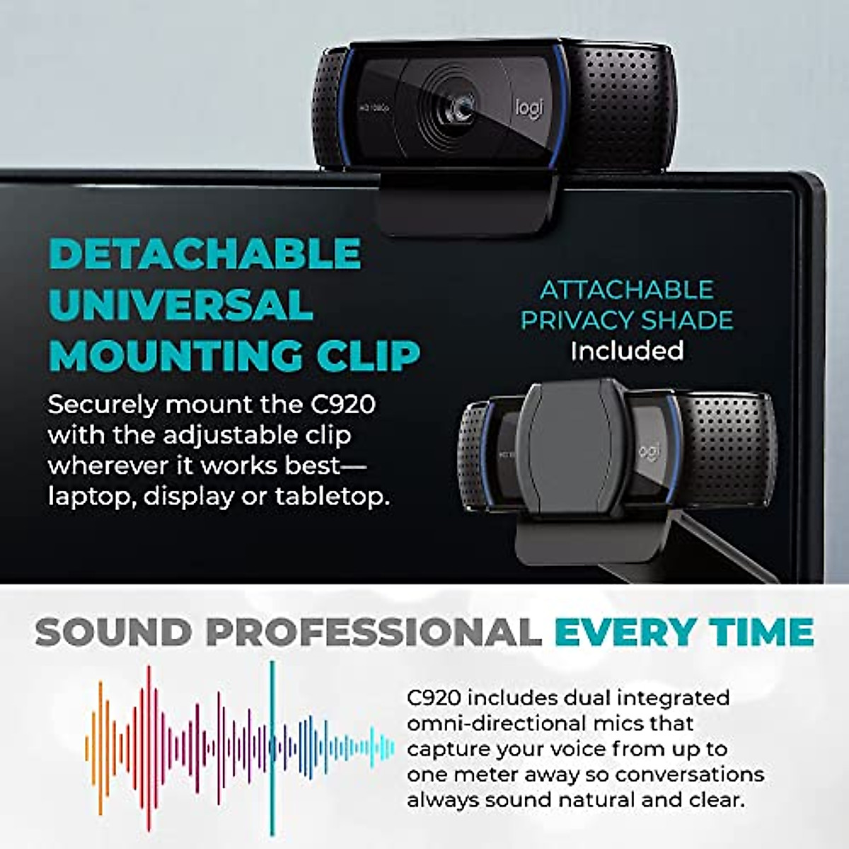 Logitech Webcam C920 HD Pro Bundle with Tripod, Privacy Shutter & Cleaning Cloth - Privacy Cover Computer Webcam Microphone - 1080p Streaming Wide Angle Video Camera - 1080P Desktop Web Camera