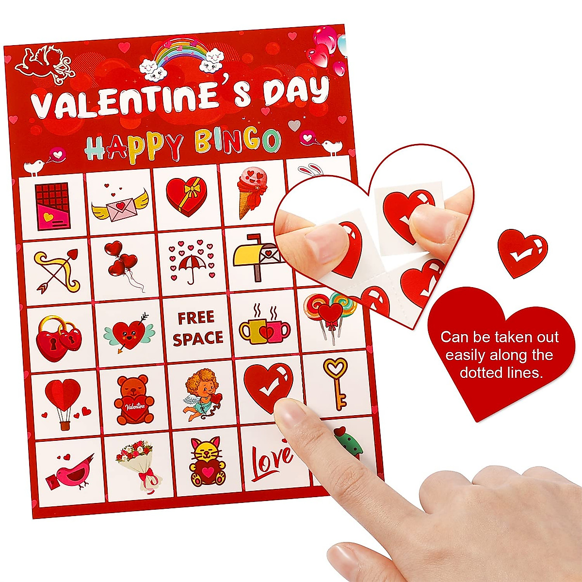 Valentine’s Day Bingo Game for Kids, Bingo Cards with 32 Players & 10 Pcs Party Blowers for Valentine Party Games, Valentine Crafts School Classroom Party Favor Activities,Holiday Party Craft Supplies