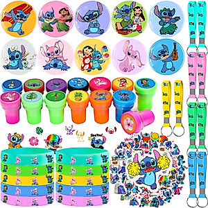 94Pcs Cartoon Party Supplies Birthday Party Favors, Include 10 Silicone Wristband,10 Button Pins,10 Key Chains,14 Stamps, 50 Stickers for Kids, Best for Goodie Bags