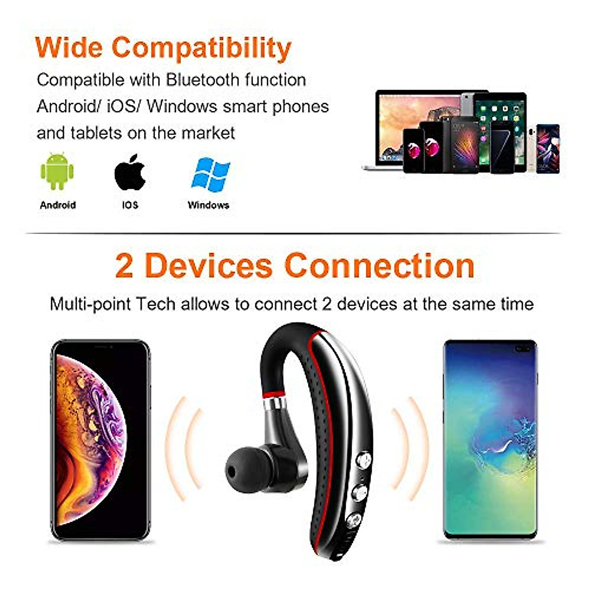 Bluetooth Headset V5.0,Wireless Bluetooth Earpiece with Noise Canceling Mic for Cell Phone,Ultralight Business Earphone for Driving/Trucker/Office,Sweatproof Headset for Android/iPhone/Smartphone