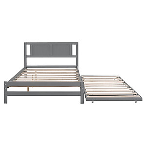 Harper & Bright Designs Full Size Bed Frame with Adjustable Trundle, Wooden Full Platform Bed with Headboard, Full Trundle Bed Frame for Kids, Teens, Adults, No Box Spring Needed, Gray