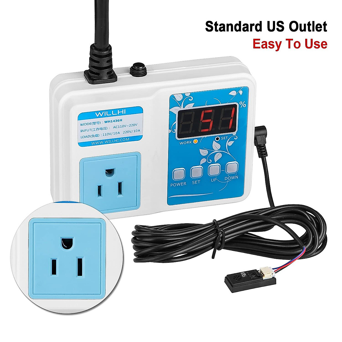 WILLHI WH1436H 110V Digital Air Humidity Controller with LCD Display High Accuracy Humidity Sensor & 118'' Power Cable, Humidification Mode & Dehumidification Mode+1pc Extra Sensor