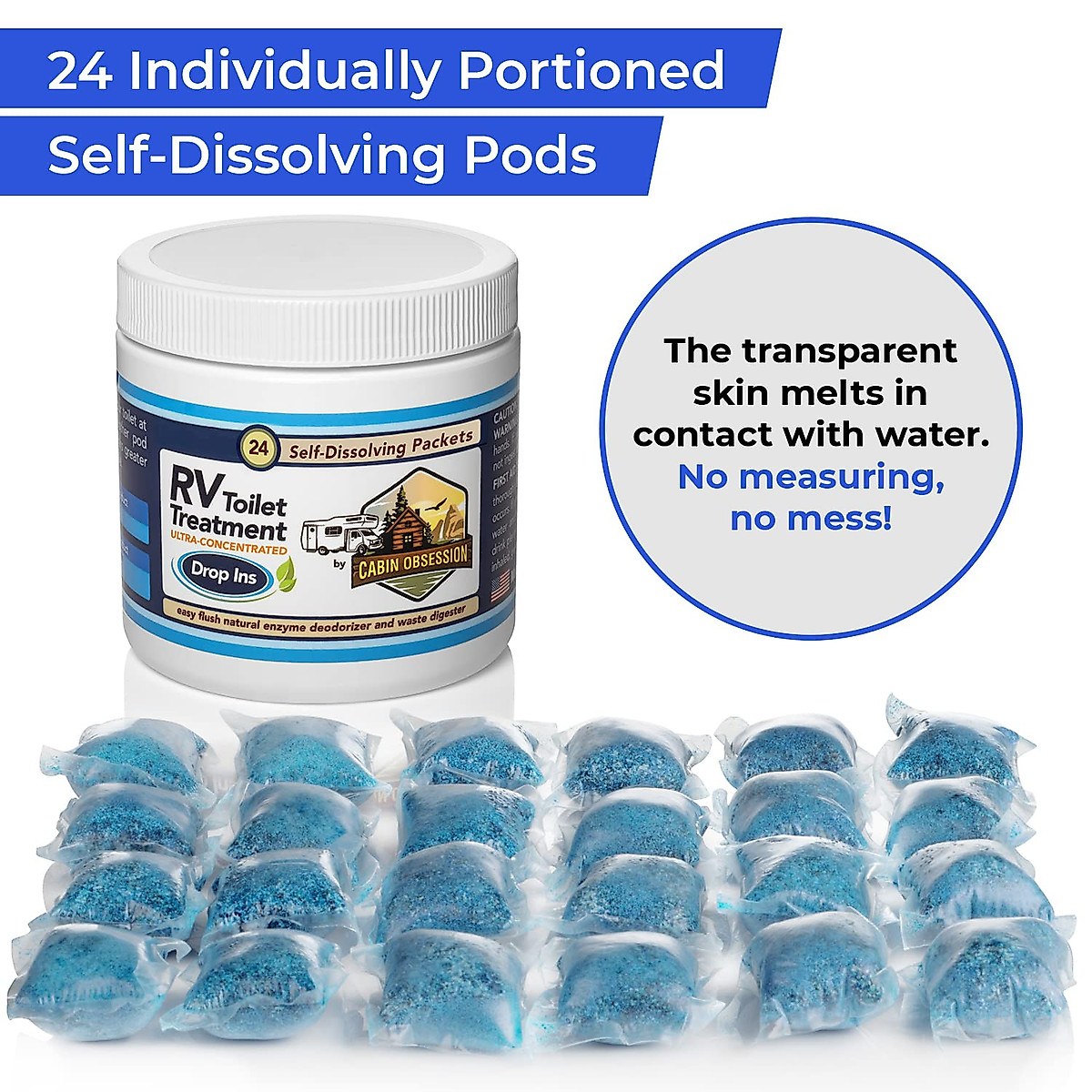 Cabin Obsession RV Toilet Treatment Drop Ins - 24 Easy Flush Self-Dissolving RV Black Tank Treatment Packets - Eliminate Odors and Break Down Waste Within Your RV Holding Tank