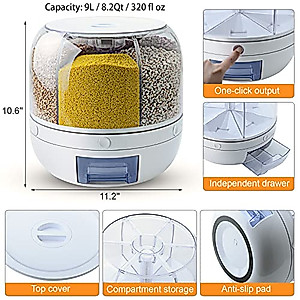 WOWFUNNY Grain Dispenser, 8.2 Qt Rotating Rice Dispenser Storage Container, 6-Compartment Dry Food with Measuring Cup, Containers for Kitchen Small Grains, Beans, (8.2Qt)