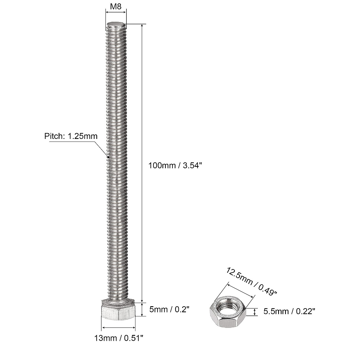 uxcell M8 x 100mm Hex Head Screws Bolts, Nuts, Flat & Lock Washers Kits, 304 Stainless Steel Fully Thread Hexagon Bolts 6 Sets