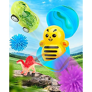 Minetom 80 Pcs Colorful Plastic Prefilled Easter Eggs with Toys inside Includes Dinosaur Toys,Finger Puppets, Pullback Car Toys, Easter Themed Rings,Easter Egg Hunt Supplies Party Favor Gifts for kids