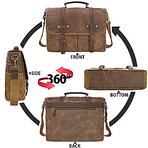 Mens Messenger Bag 15.6 Inch Waterproof Vintage Genuine Leather Waxed Canvas Briefcase Large Leather Computer Laptop Bag Rugged Satchel Shoulder Bag, Brown