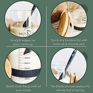 Essential Sourdough Starter Jar Kit (34 oz.) - Sourdough Jar Wide Mouth with Black Silicone Spatula, Elastic Tracking Band, and Bamboo Lid- Sourdough Kit - Sourdough Starter Kit Beginners