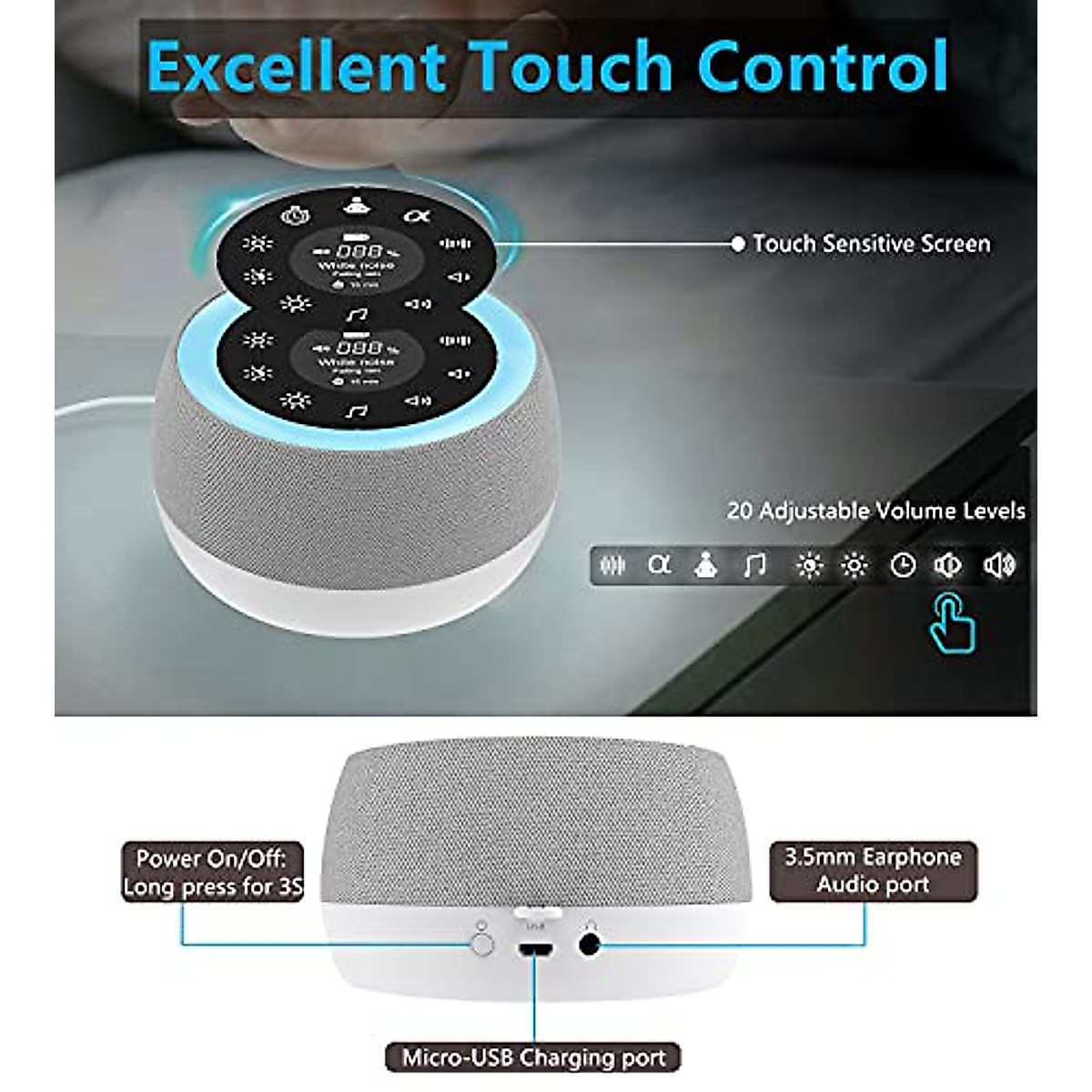 [2 in 1] White Noise Machine, Sleep Sound Machine with 7 Colors Night Light, 32 Soothing Sounds, Built-in Battery & Headphone Jack, Portable Sound Machine for Sleeping Baby, Adult and Sound Therapy