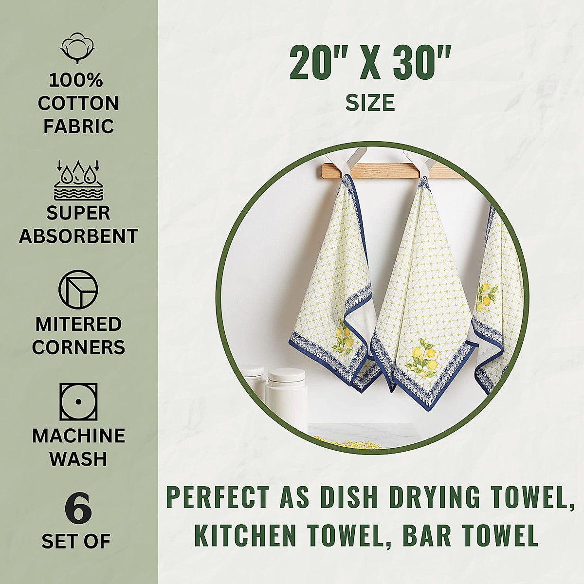 FINGERCRAFT Kitchen Dish Towels, 100% Natural Cotton, Set of 6 Multi-Purpose Kitchen Towels, Very Soft, Highly Absorbent, Tea Towels for Kitchen Décor 20X30 (Lemon Leaf)