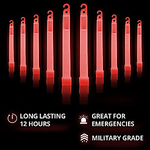 Cyalume Military Grade Red Glow Sticks - Premium Bright 6” ChemLight Emergency Glow Sticks with 8 Hour Duration (Bulk Pack of 10 Chem Lights)