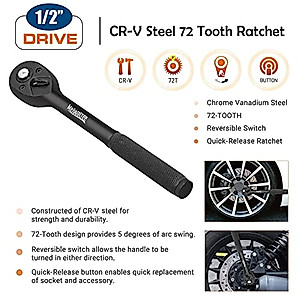 Meiwaltee 1/2-Inch Drive Metric Shallow impact Socket Set,16 PCS Metric 10-24mm Set,Includes 72-Tooth Ratchet and 3'' Extension Bar,Cr-V, 6 Point