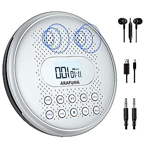 CD Player Portable, ARAFUNA Rechargeable Portable CD Players for Car with Speakers, Anti-Skip Walkman CD Player with Backlit Button, LCD Display and AUX Cable