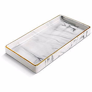 Ceramic Vanity Tray, Candle Tray with White Marble Finish | Jewelry Tray, Jewelry Dish | Marble Tray Decor, Perfume Tray for Dresser | Decorative Tray, Bathroom Tray, 9x4.5x1 inches