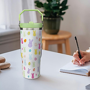 HOWSEESNOW 30oz Easter Tumbler with Handle and Straw, Colorful Rabbits Insulated Tumbler, Leak Proof Travel Coffee Mug, Reusable Stainless Steel EasterEgg Tumbler, Easter Gifts for Women