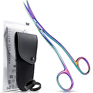 MAKER AND MARKET Applique Long Thin Needlepoint Blade 6.1 Inch - Double Bent Curved Offset Handle Scissors with Pouch Sleeve for Embroidery, Fabric, Thread, Knitting, Sewing, Arts & Craft (Rainbow)