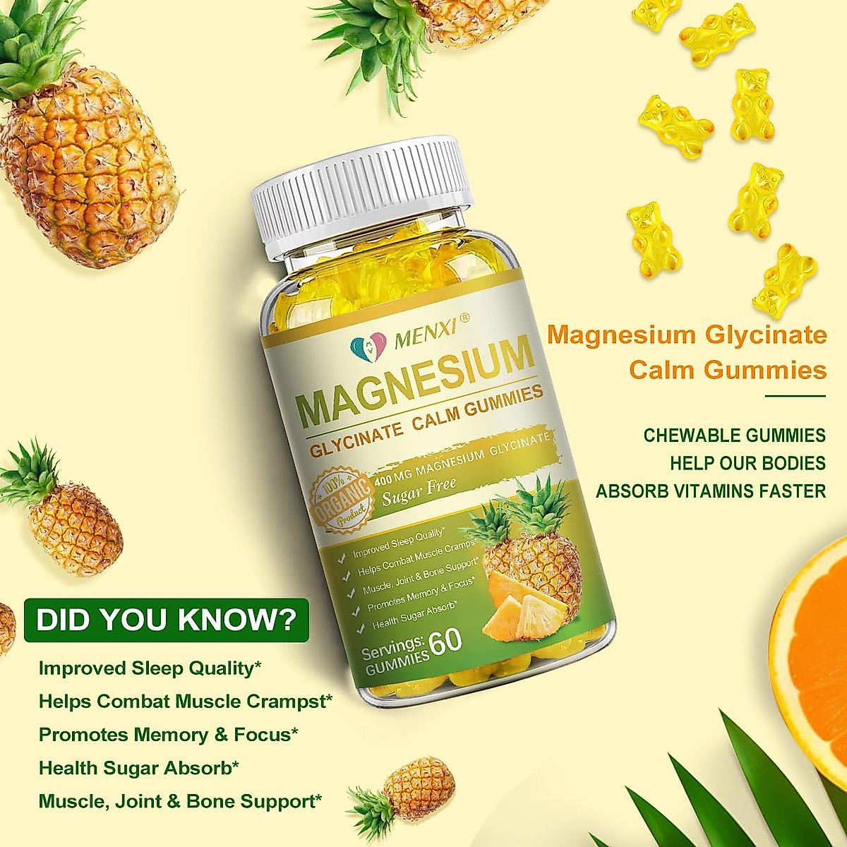 Magnesium Glycinate Gummies 400mg, Sugar Free Magnesium Taurate, Magnesium Malate Supplement with Vitamin D, B6, CoQ10 for Relaxation, Stress Relief, Muscle, Bone & Sleep Support- 60 Pineapple Gummies