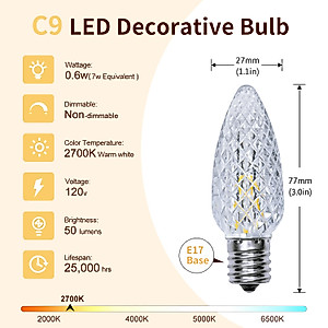 EMYMLIGHT 25 Pack C9 Led Replacement Christmas Light Bulb, Warm White C9 Shatterproof Led Bulbs for Indoor Outdoor Decorative String Light, E17 Base