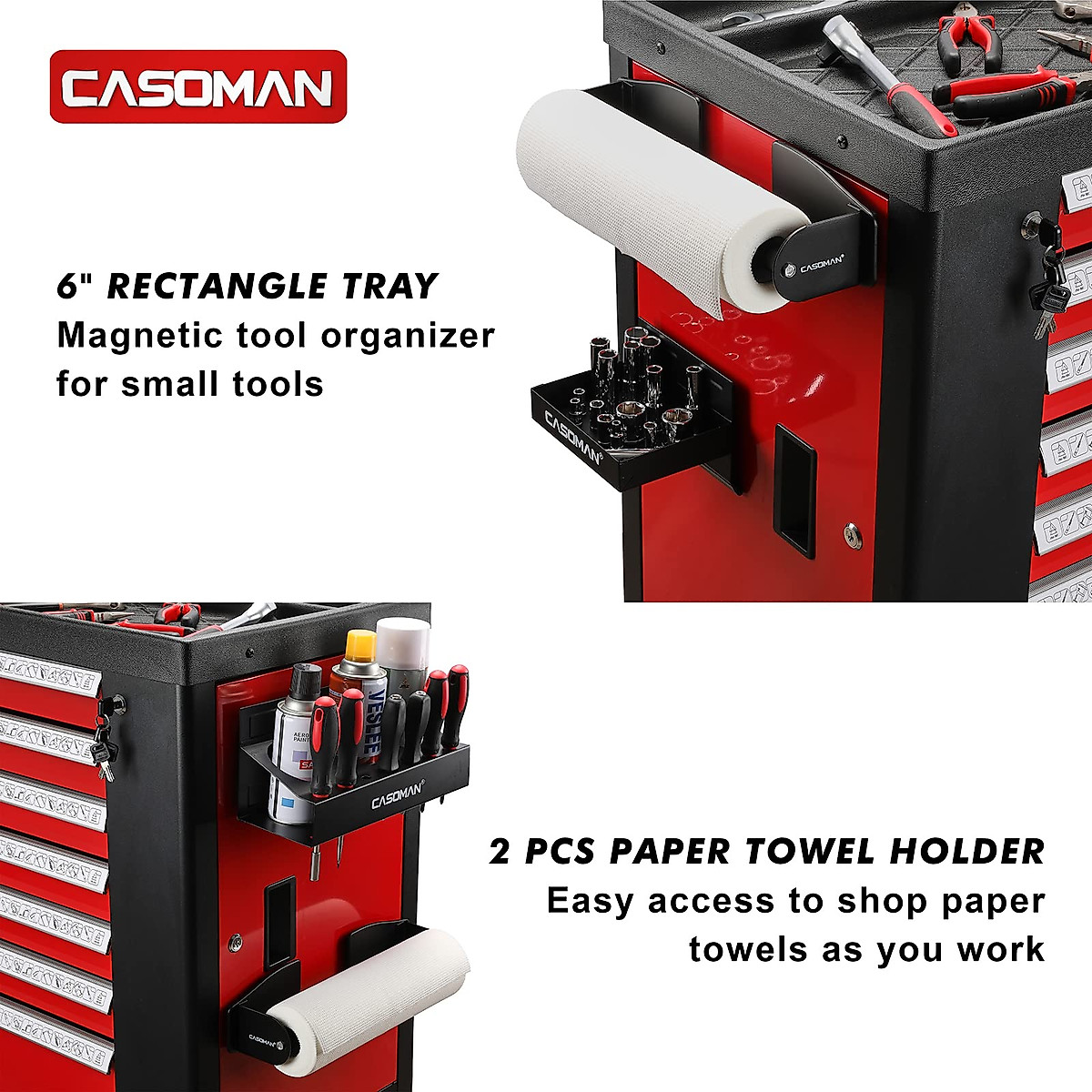 CASOMAN Magnetic Toolbox Shelf, Tray, Paper Towel Holder, 4-Piece Set, Black, Variety of Use, Durable, Magnets Any Metal Surface