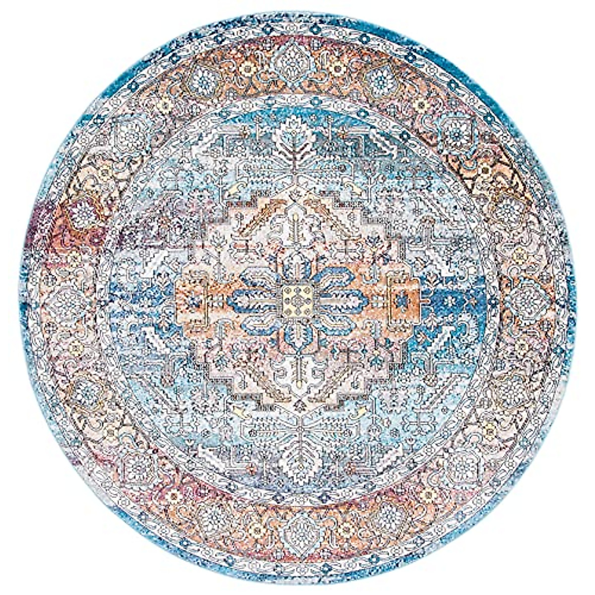 SAFAVIEH Aria Collection 6'5" Round Turquoise / Light Orange ARA191K Boho Chic Medallion Distressed Non-Shedding Dining Room Entryway Foyer Living Room Bedroom Area Rug