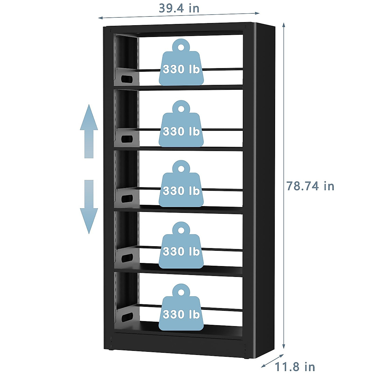 KINGBO 78.7" Tall Bookshelf, 5 Shelf Adjustable Bookcase Shelf, Heavy Duty Steel Open Book Storage Shelves Organizer for Home Office, Easy to Assemble, 11.8D x 39.4W x 78.7H in, Black